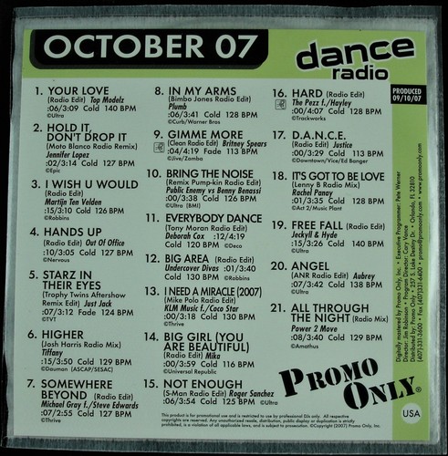 PROMO ONLY "DANCE RADIO OCTOBER 2007" DJ PROMO CD COMPILATION JUSTICE ...