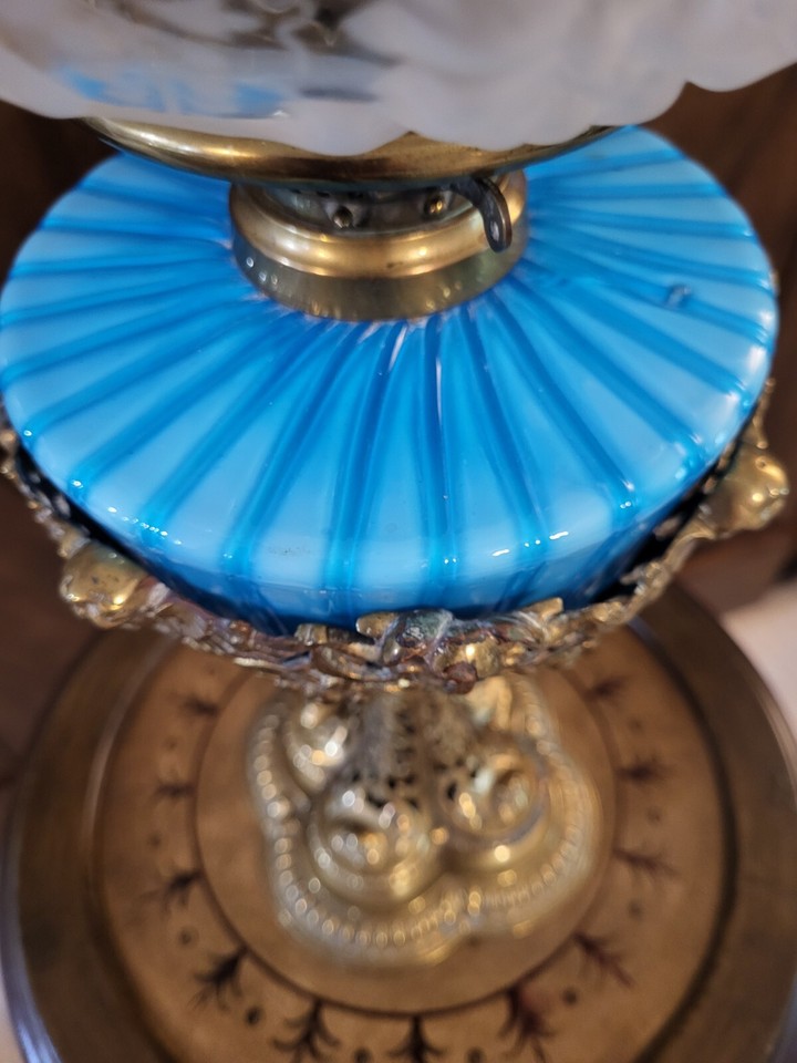 Rare Wright Butler Brass & Blue Glass Oil Lamp Early 1900 - Birmingham ...