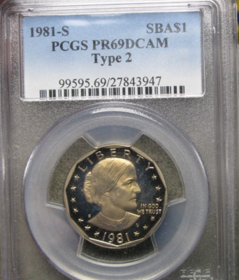 1981-S PROOF Type 2 Susan B Anthony Dollar PR-69 DCAM PCGS Slabbed Coin ...