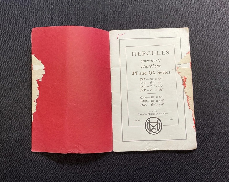 1939 Hercules Motors Co Canton Ohio Operator's Handbook JX & QX Engines ...