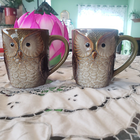 2 Nature's Home Forest green Owl cups Mugs Coffee Pottery Glazed bird ...