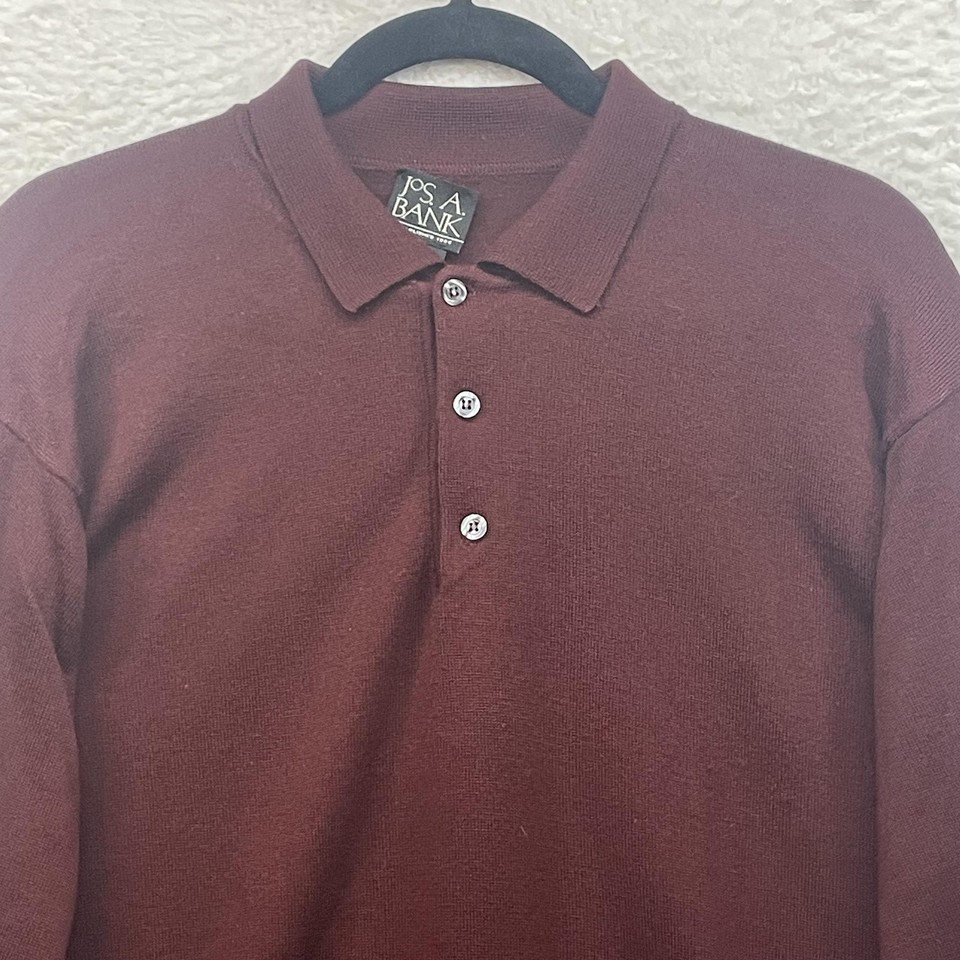 Joseph A Bank Sweater Mens Medium Burgundy Polo Merino Wool Made in ...