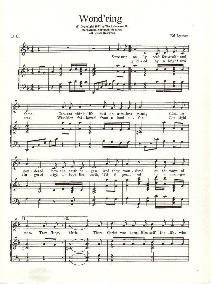 WOND'RING Music Sheet-1967-ED LYMAN-CHRISTMAS Lyrics-GOSPEL/RELIGIOUS ...