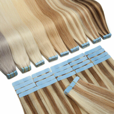 Tape in Real Human Hair Extensions Adhesive Skin Wefts Seamless Pre ...