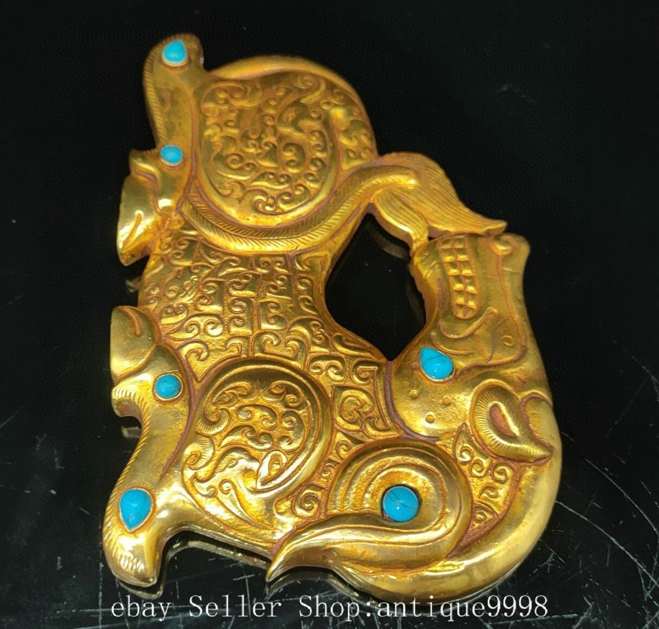 6" Old Chinese Dynasty Copper 24 K Gold Gilt Dragon Beast Symbol Token ...