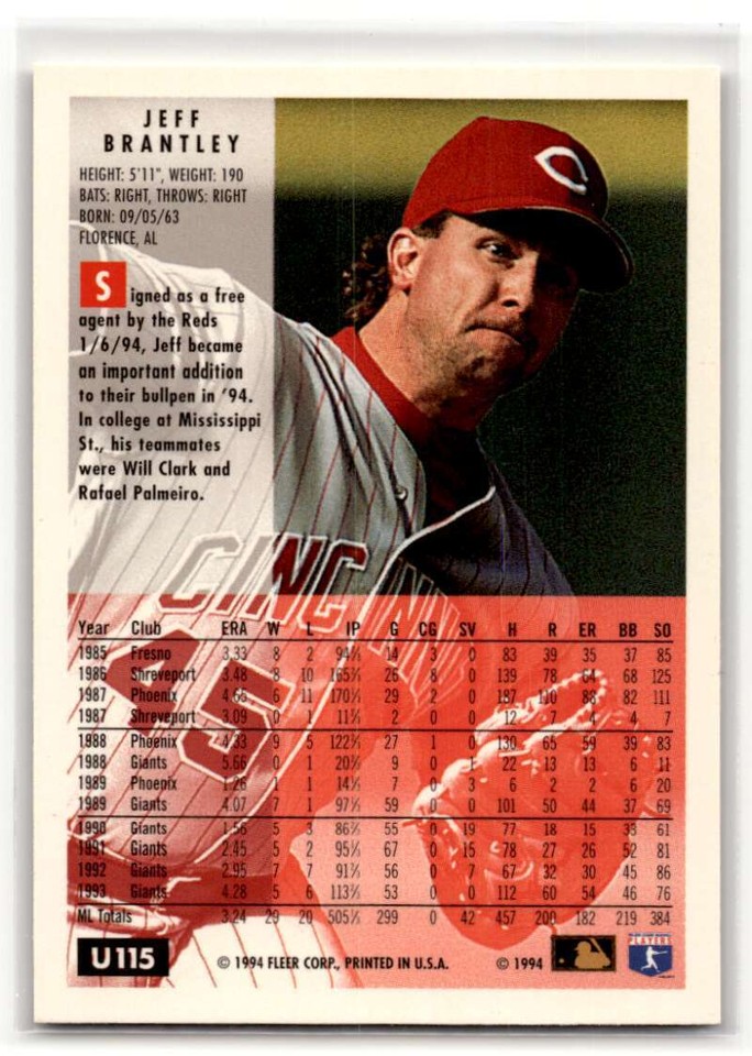 1994 Fleer Update #U115 Jeff Brantley Cincinnati Reds Baseball Cards ID ...