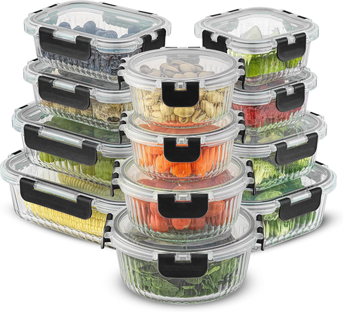 Joyjolt 24Pc Fluted Glass Storage Containers with Lids. 12 Airtight ...
