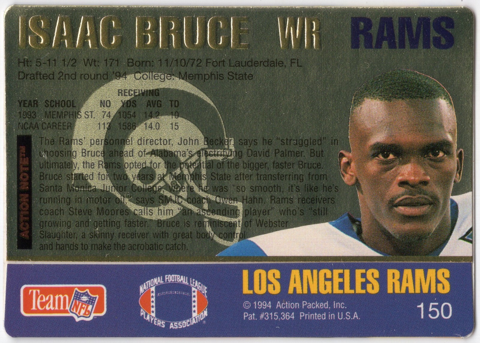 RB075 1994 Action Packed #150 Isaac Bruce RC Los Angeles Rams St. Louis ...