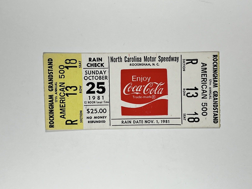 1981 NASCAR American 500 Race Ticket @ Rockingham NC / Darrell Waltrip ...