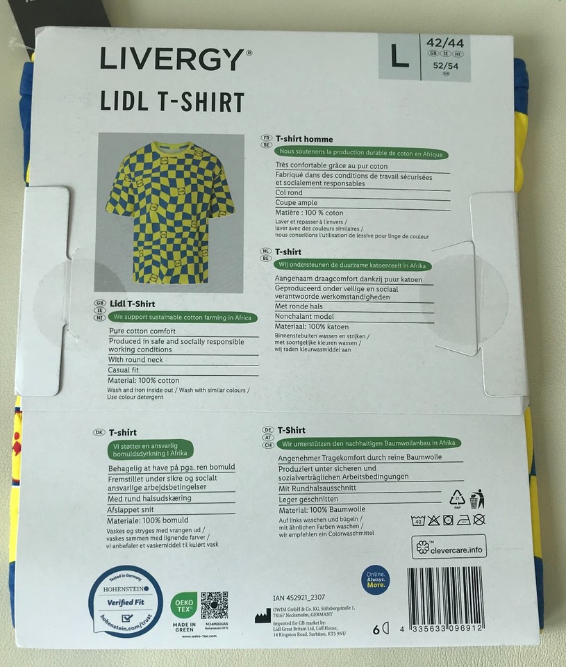 LIDL Blue Yellow Check Jersey T Shirt L 42- 44 Limited Edition Novelty ...