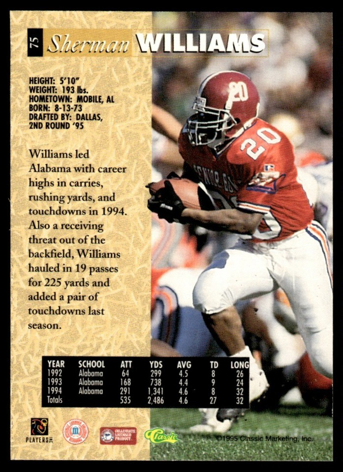 1995 Classic 5-Sport #75 Sherman Williams Rookie Dallas Cowboys | eBay