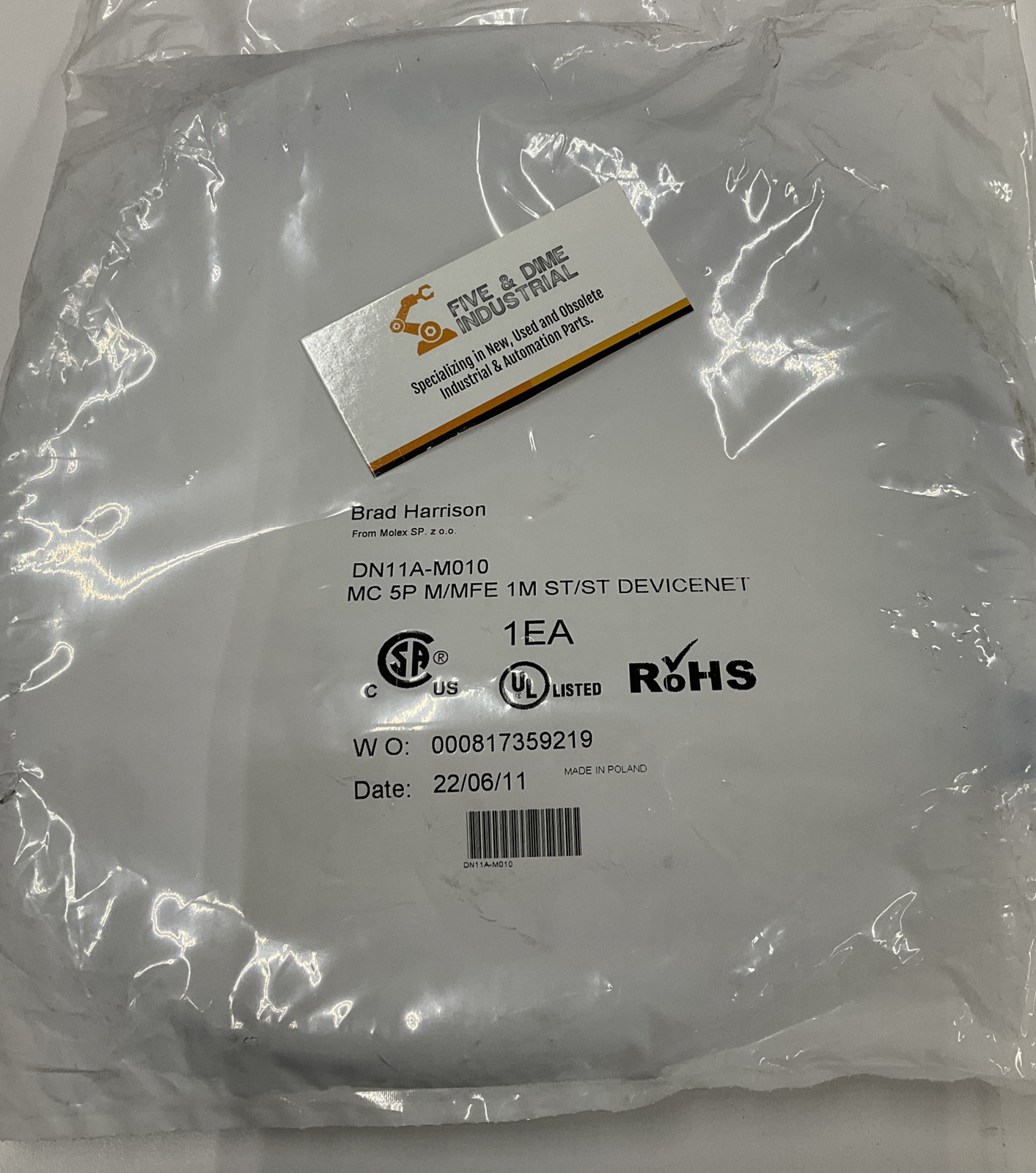 Brad Harrison Molex DN11A-M010 1 Meter DeviceNet 5-Pole M/MFE Cable | eBay