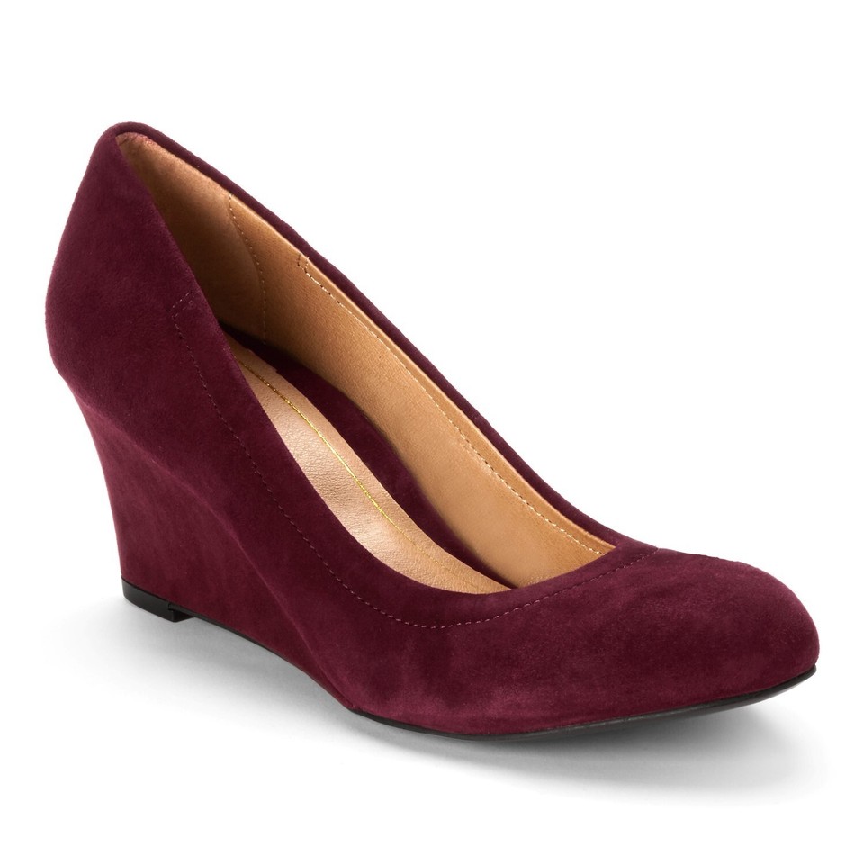Vionic LUX CAMDEN Wedge Red Heels Comfort & Style In Rich Merlot Suede ...