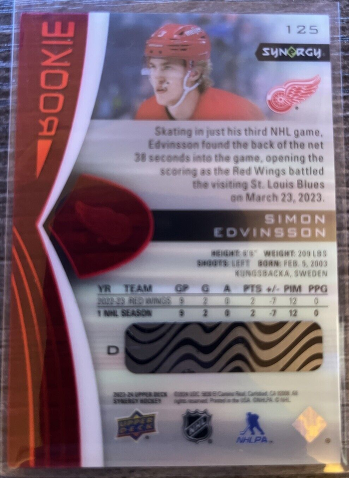2023-24 Synergy Simon Edvinsson - Red Wings #125 Rookie Red Bounty ...