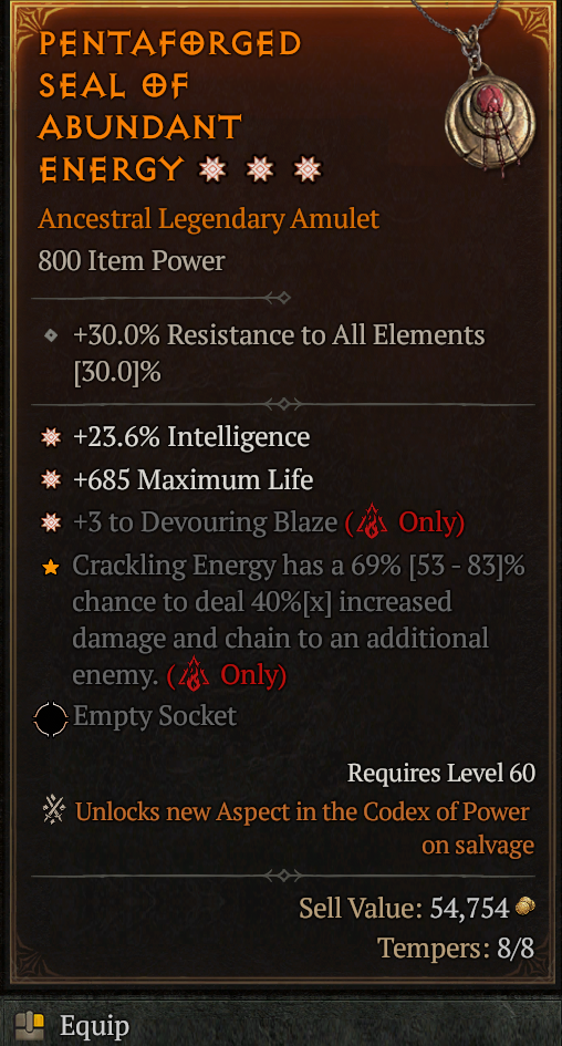 Diablo 4 (Eternal SC) Amulet 3GA 23.6% int 685 Max life 3 to Devouring ...