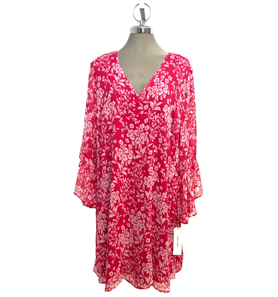 New Calvin Klein Gorgeous Hibiscus Delicate Chiffon Shift Dress Plus ...