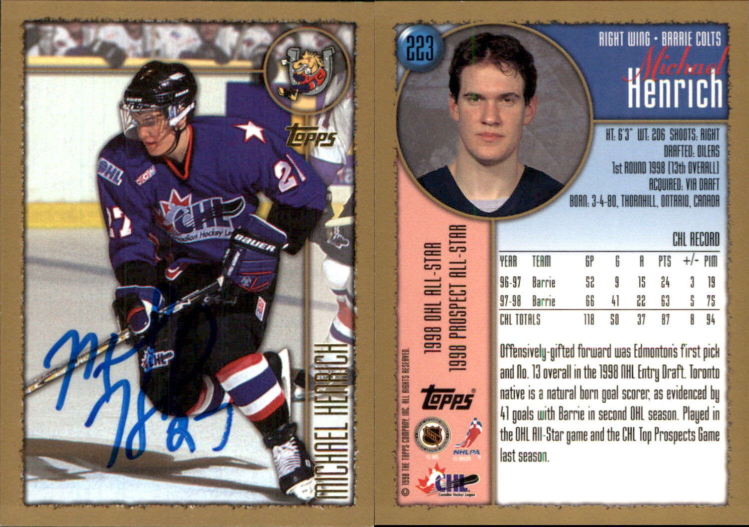 Michael Henrich Signed 1998-99 Topps #223 Card Barrie Colts Auto AU | eBay