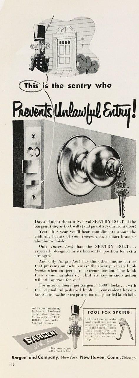 1952 Sargent of New Haven PRINT AD Integra-Lock Sentry Bolt Door Lock ...