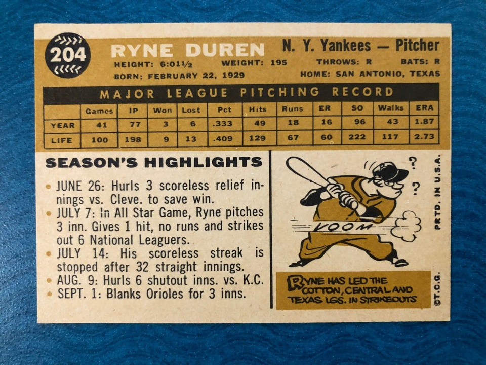 1960 TOPPS BASEBALL CARD RYNE DUREN #204 (NM) | eBay