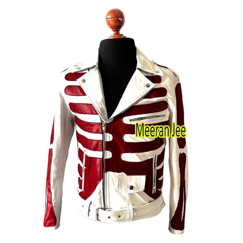 Men's Red White AXL Rose Skeleton Bones Motorcycle Leather Jacket Guns ...