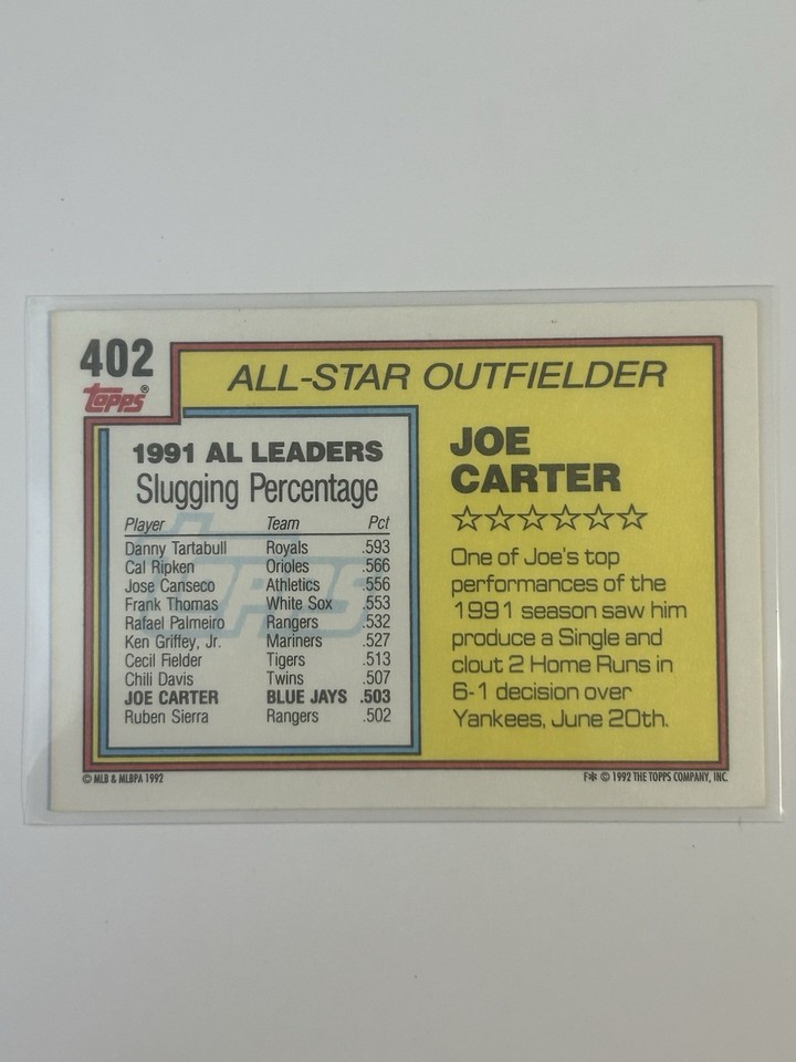 1992 Topps - All-Star Joe Carter #402 Toronto Blue Jays Baseball Card ...