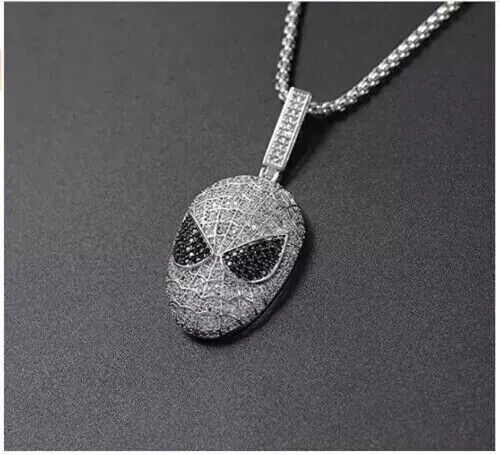 Mens 3Ct Lab Created Black Diamond Spider-Man face Pendant 14K White ...
