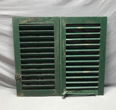 Antique Pair Shabby Green House Window Wood Louvered Shutters 14x25 Old ...