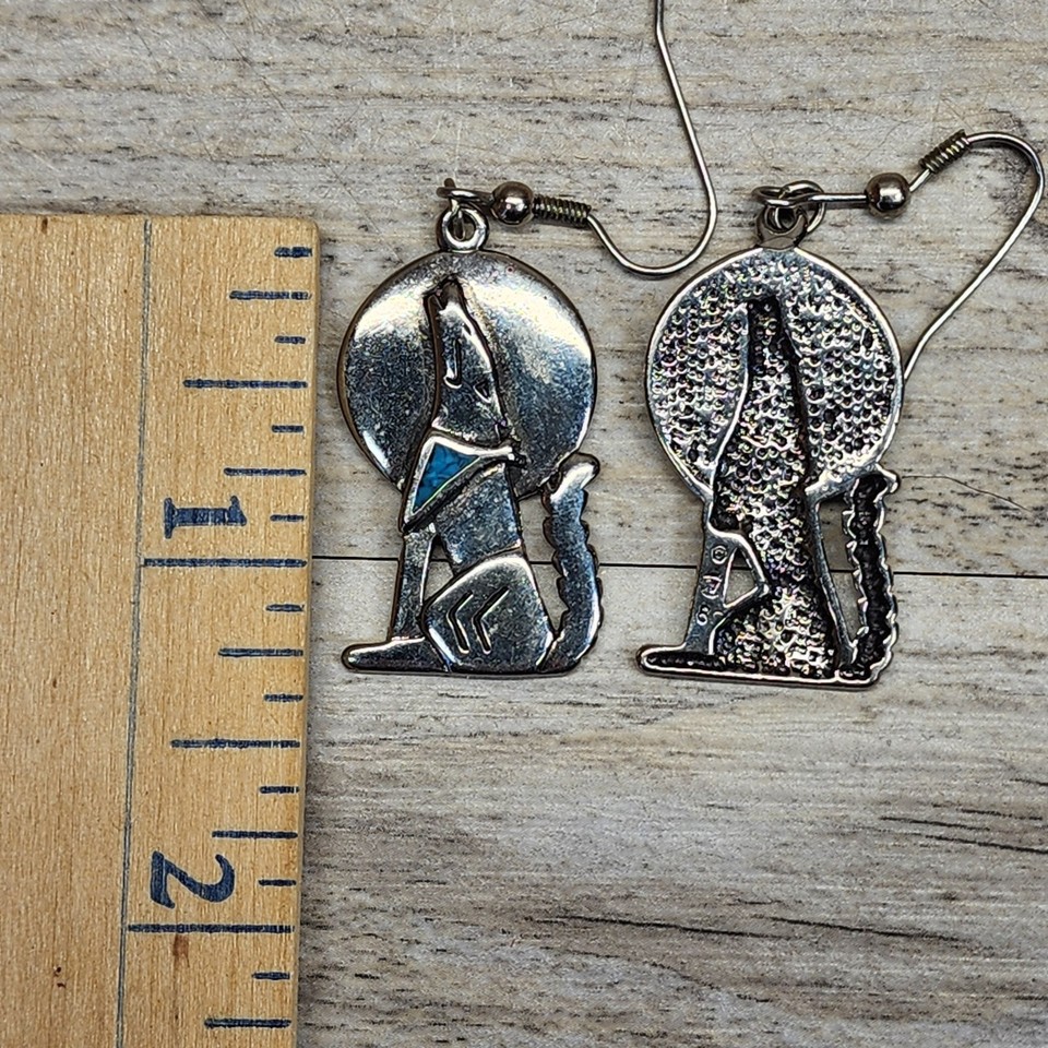 1989 Wolf Howling at Moon Silver Tone Turquoise Inlay Dangle Drop ...