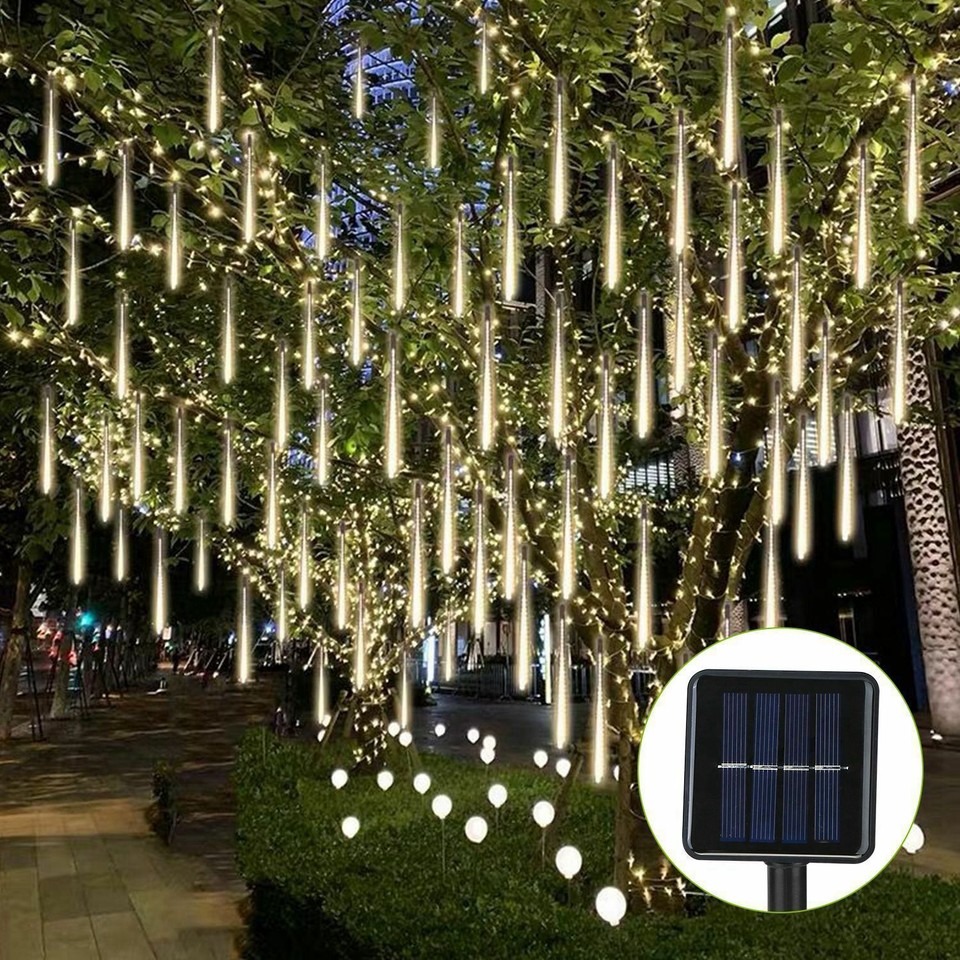 144LED Solar Meteor Shower String Lights Falling Raindrop Tube Garden ...