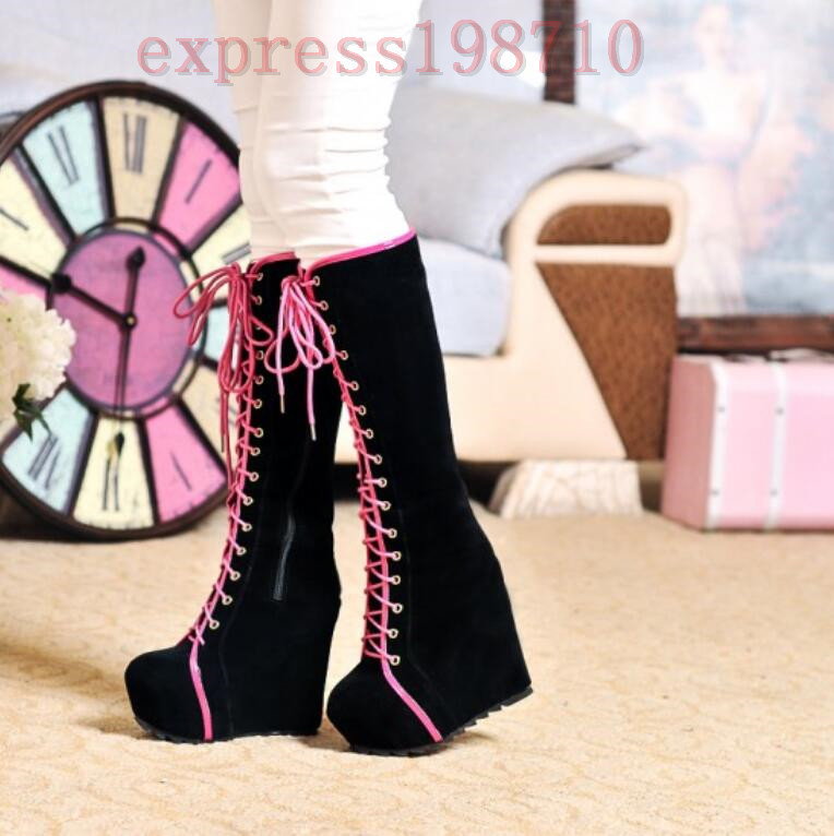 Women New Roman Platform Wedge Gothic Punk Cosplay Lace Up Shoes Knee ...