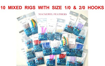 10 DIFFERENT MACKEREL FEATHER RIGS 1/0 2/0 HOOKS SEA FISHING LURES COD ...