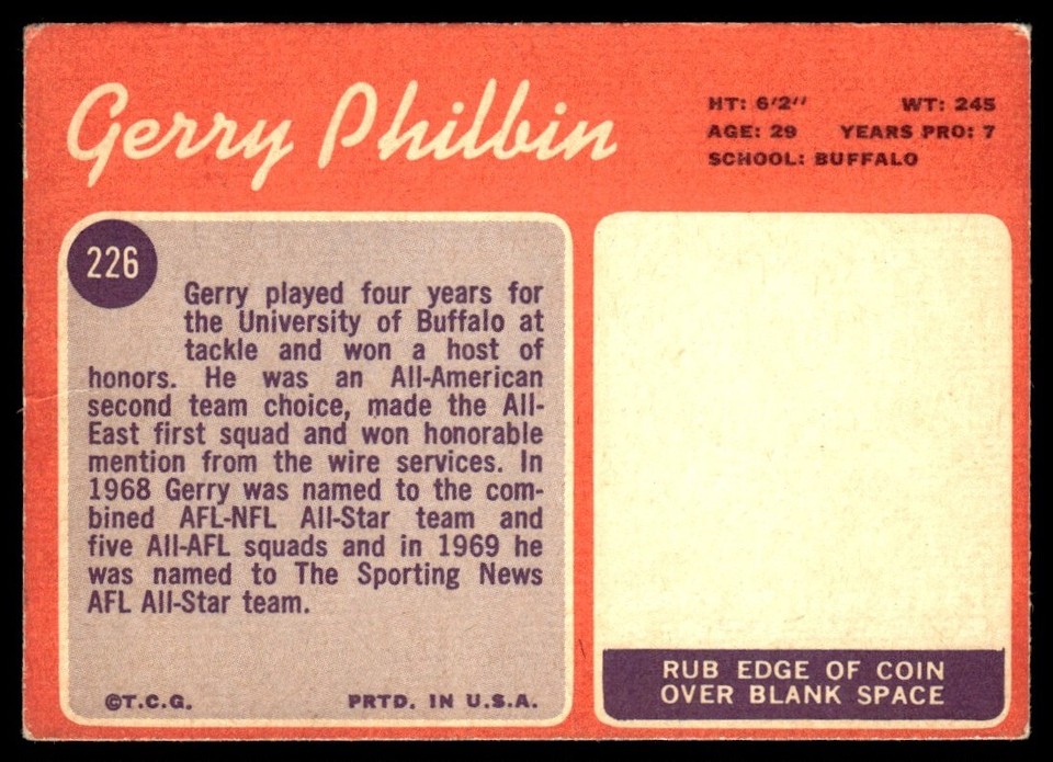 1970 Topps Gerry Philbin New York Jets #226 | eBay