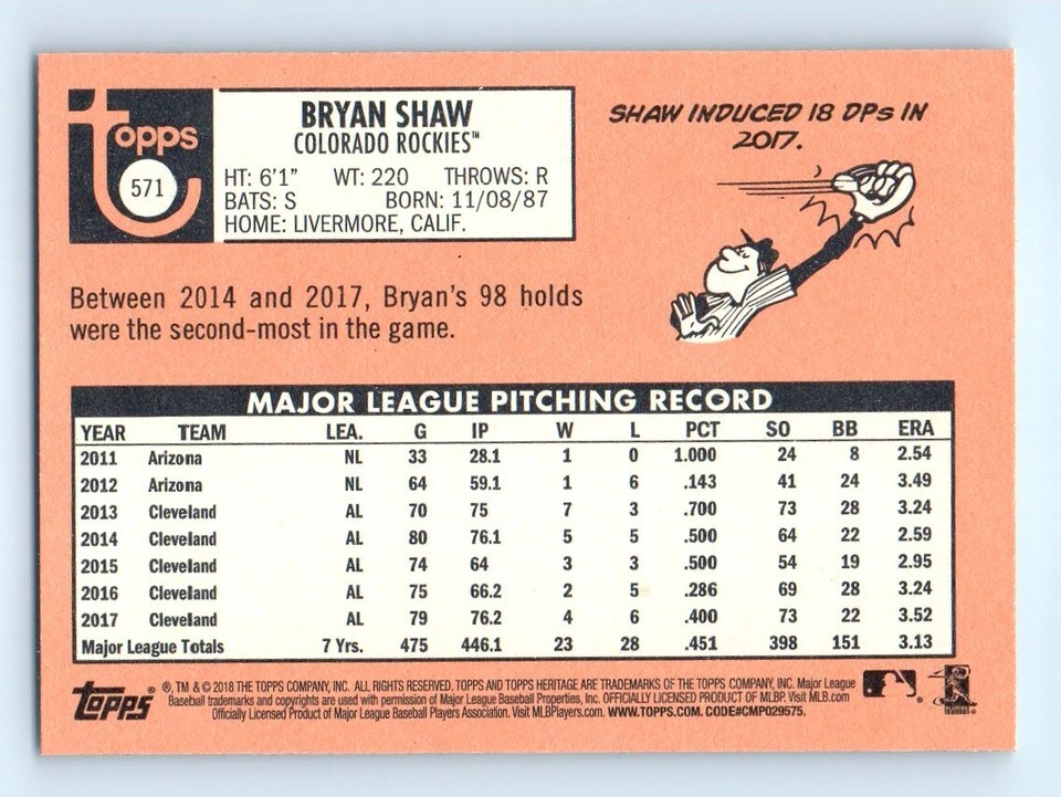 2018 Topps Heritage Bryan Shaw Colorado Rockies #571 | eBay