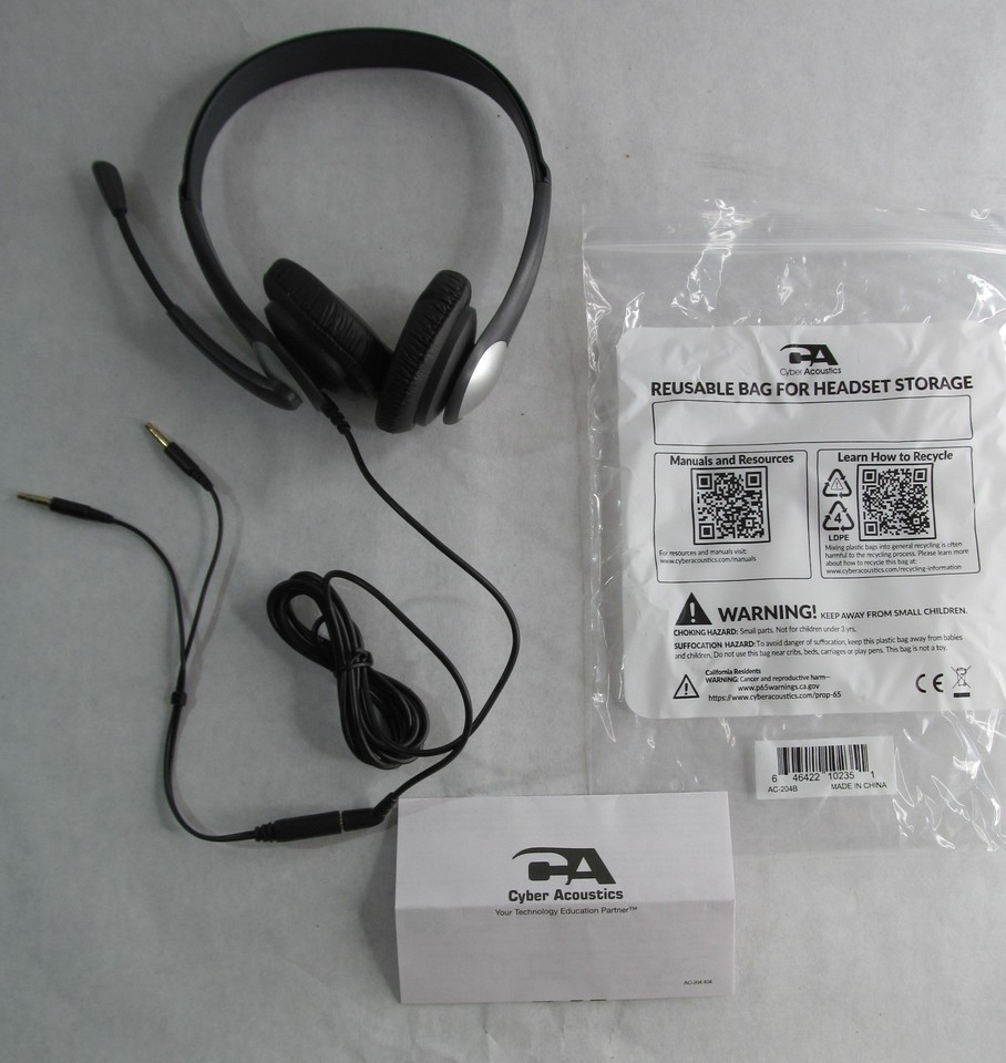 NEW CYBER ACOUSTICS AC-204 STEREO HEADSET 3.5MM PLUG SCHOOL/STUDENT ...