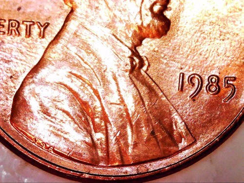 1985 Lincoln Cent Best RD color Strike through offset planchet error ...