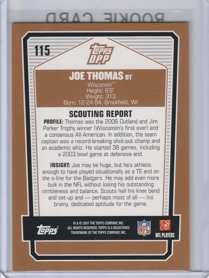 JOE THOMAS ROOKIE CARD 2007 Wisconsin Badgers Football Topps RC ...