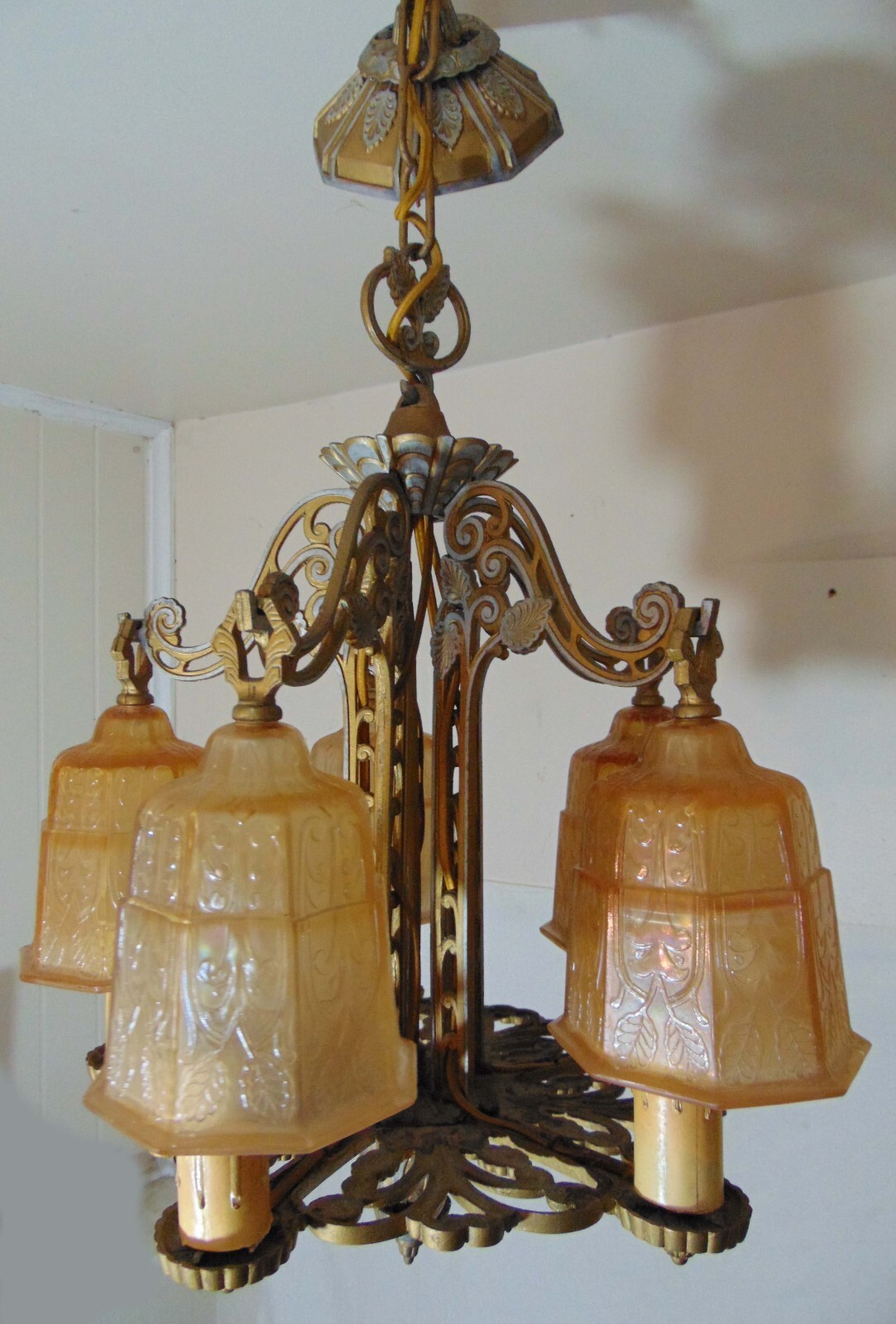 Art Deco Light Fixture Chandelier Amber Glass Shades Edward Riddle | eBay