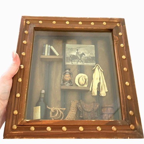 Vintage Western Cowboy Shadow Box Wall Art 3D Miniatures Rustic Cabin Decor