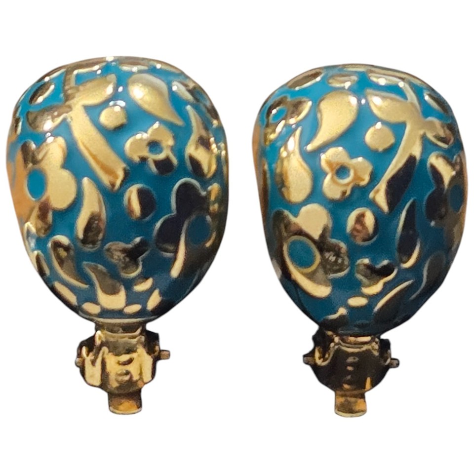 Turquoise Color Enamel Clip On Earrings Gold Tone Lauren G Adams Signed ...