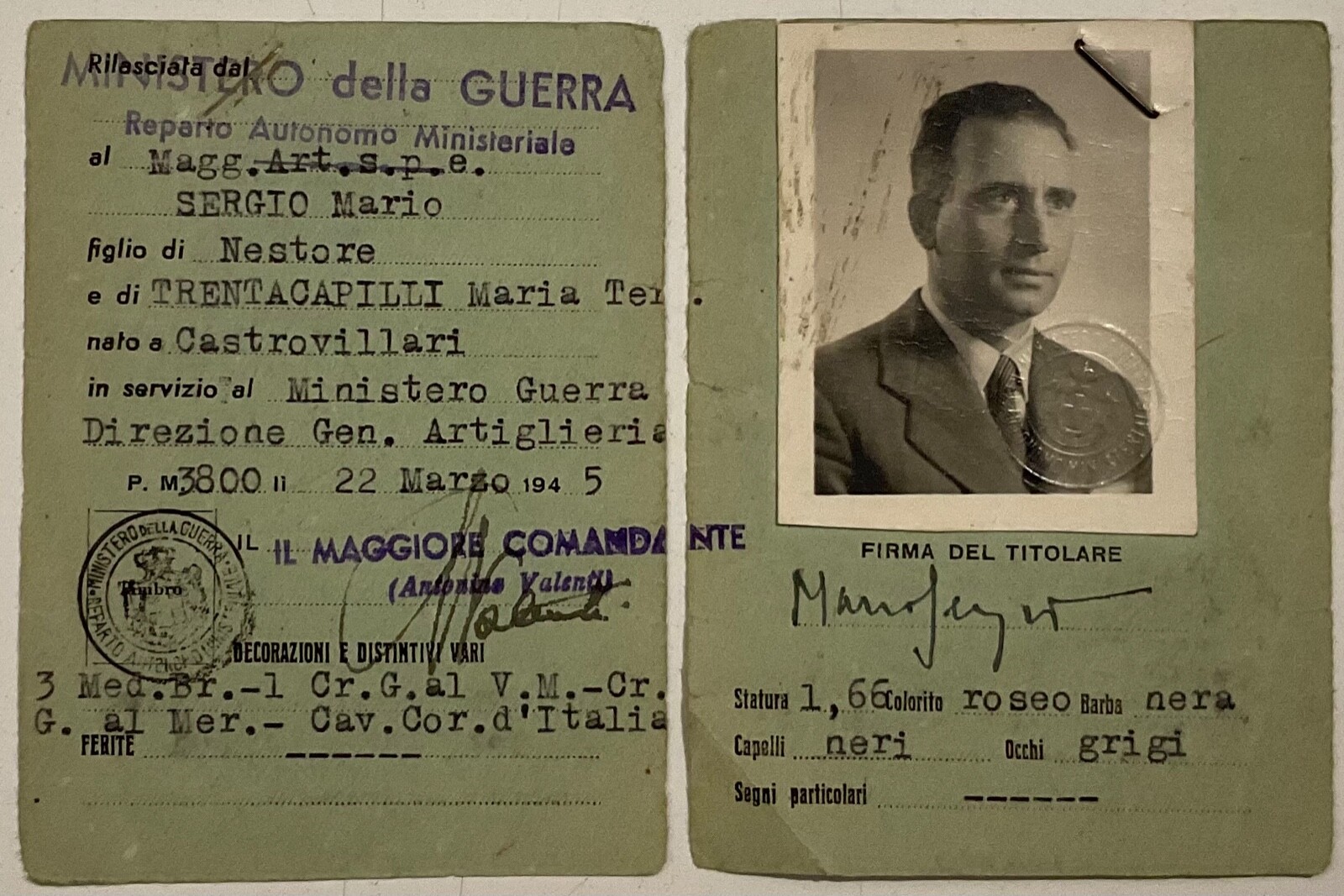REGNO DEL SUD REGIO ESERCITO TESSERA REPARTO AUTONOMO MINISTERIALE 1945 ...