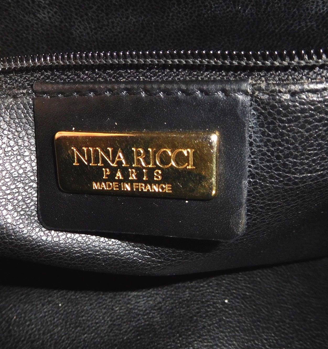 NINA RICCI VINTAGE BLACK LEATHER SHOULDER BAG SATCHEL W GOLD TONE CHAIN ...