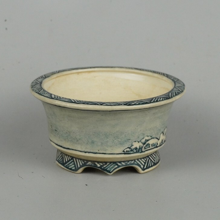 Japanese BONSAI Pot Biko Daisuke Sano Signed Landscape w/ Wooden Box φ3 ...