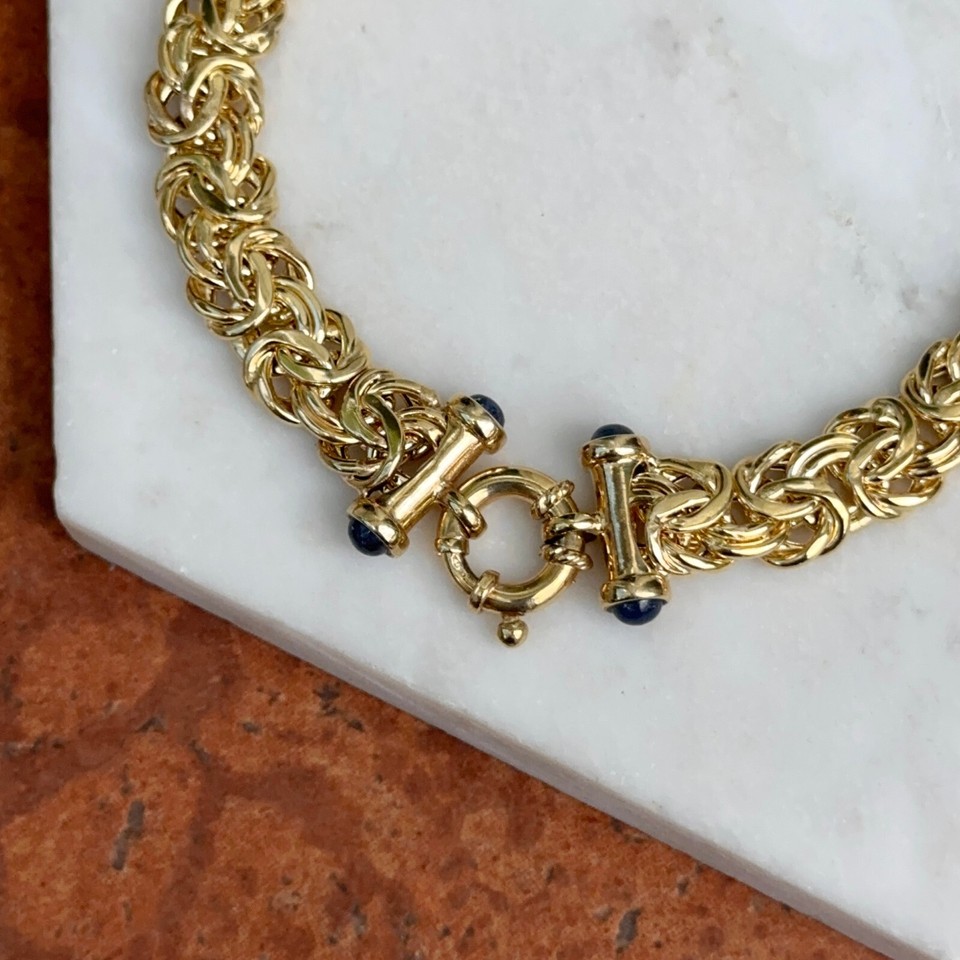 14KT Yellow Gold Byzantine Link Toggle Clasp Chain Necklace w Sapphires ...