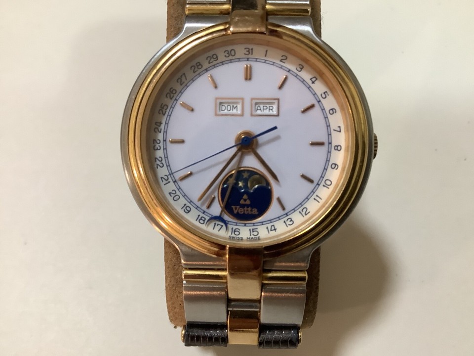 WYLER VETTA 21J AUTOMATIC TRIPLE DATE MOONPHASE WATCH CRYSTAL BACK NICE ...