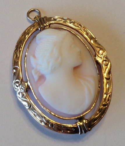 ANTIQUE 10K YELLOW GOLD CARVED HELMET SHELL CAMEO BROOCH ORNATE FRAMED ...