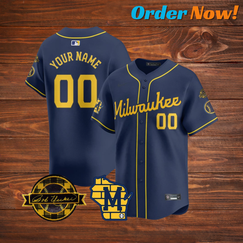 Custom Brewers Navy Bob Uecker Patch Stitched Jersey "All Sizes" | eBay