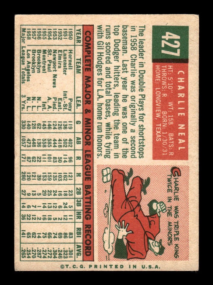 1959 Topps Baseball #427 Charlie Neal Los Angeles Dodgers | eBay
