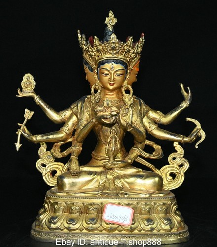 13'' Old Nepal Bronze Gold Painting 3 Heaad 8 Arms. Namgyalma Buddha ...