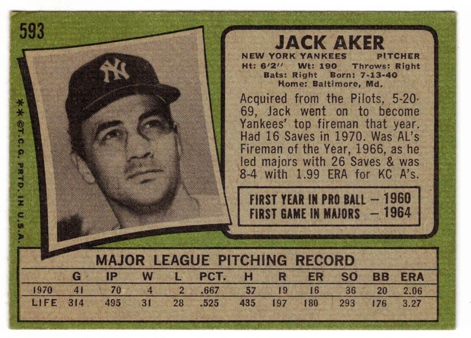 1971 Topps Jack Aker Card # 593 New York Yankees (vg-ex) D | eBay