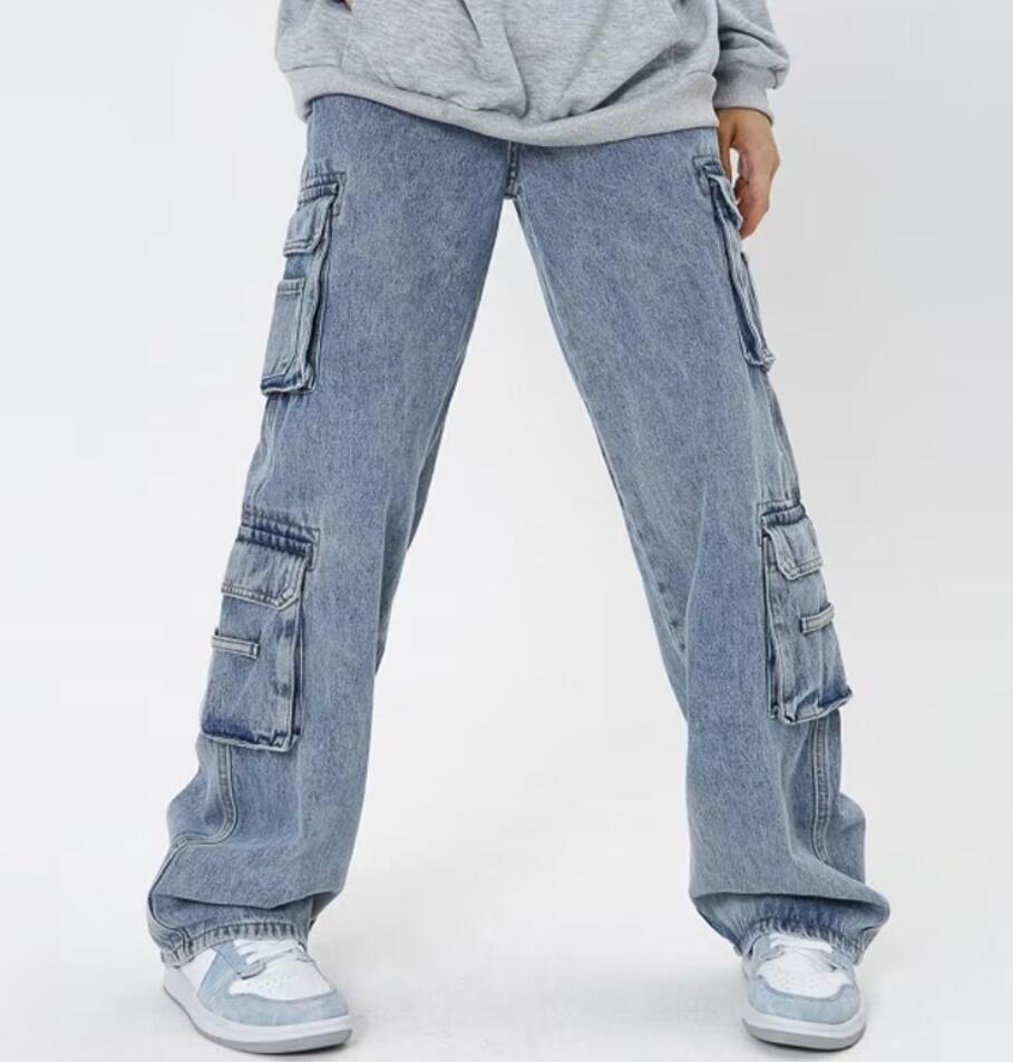 Men's Light Blue Straight Leg Pockets Denim Jeans Pants Trousers Punk ...
